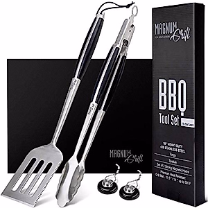 Grilling Accessories by Magnum Grill - 5 Piece BBQ Tools Set with 18" Grill Spatula, Tongs for Cooking, BBQ Grill Mat and 2X Strong Magnetic Hooks for Hanging on Barbeque - Heavy Duty Metal Grill Set