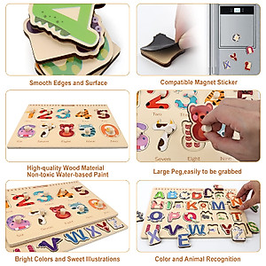 Aomola Wooden Puzzles for Toddlers,Alphabet ABC Puzzle Numbers Puzzle Set,Kids Educational Preschool Pegged Puzzles,Learning Toys Gift for 3 Year Old and Up Boys and Girls