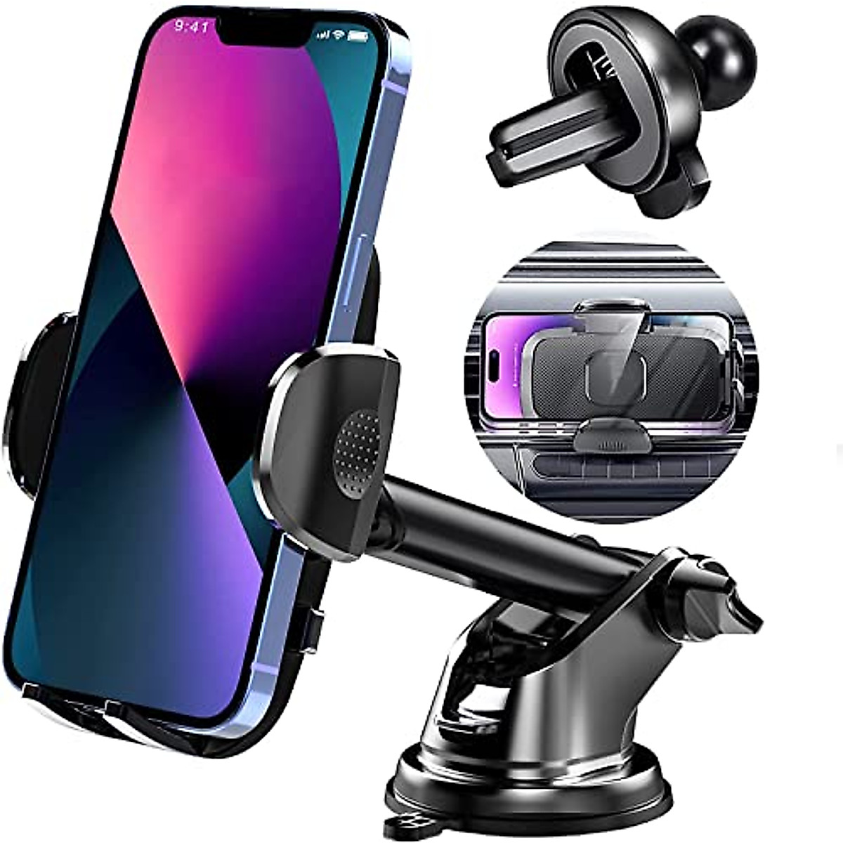 MLIFEMFUL Phone Mount for Car, 3 in 1 Car Phone Holder Mount Long Arm High Temperature Resistance Suction Cup,Cell Phone Holder for iPhone & All Smartphone Dashboard Windshield Vent Clip Compatible