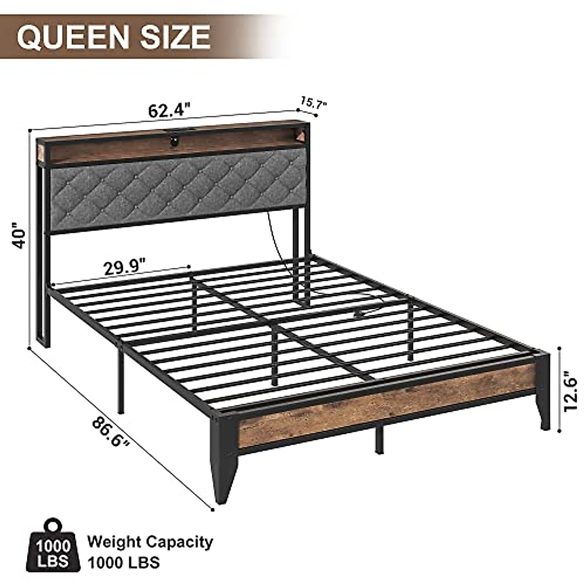 Osfvolr Queen Bed Frame with Charging Station and LED Light, Platform Bed Frame with 2 Tier Storage Upholstered Linen Headboard, Heavy Duty Metal Structure, 12 inch Under Bed Storage, Noise Free