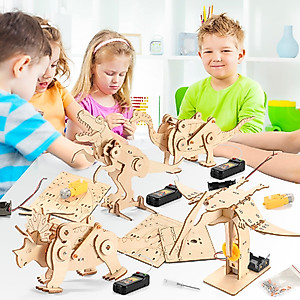 Dinosaur STEM Kits for Kids Ages 6-8-10-12, 4 in 1 Wood Building Toys for Boys Age 8-12, Build It Yourself Woodworking Kit, DIY 3D Wooden Puzzles Model Science Crafts for Kids, Stem Projects