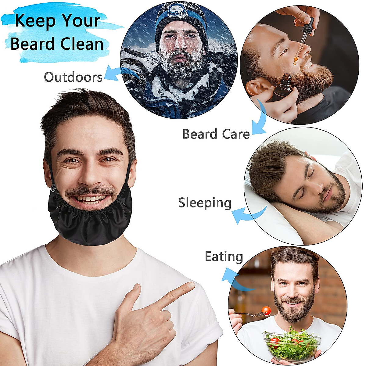 MIKIMIQI Men Beard Bandana, 3 Pack XL Size Men Beard Bib Black Beard Covers Soft and Silky Satin Facial Hair Apron Guard Bonnet Rag Man Bedtime Bib Beard Cap, Oversize for Big Long Beard