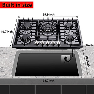 30 Inch Gas Cooktop, Built-in Stainless Steel Gas Stovetop 5 High Efficiency Burners Gas Stove LPG/NG Convertible Gas Hob (Black)