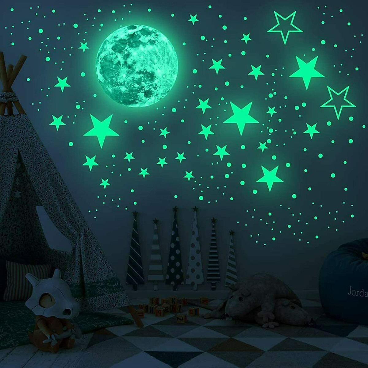 Sursarbelor Luminous Φ30cm Big Moon and Stars Dots Wall Stickers, 435 Pieces Glow in The Dark Stickers, Wall Ceiling Sticker Decals for Home Party Kids Room Decorations
