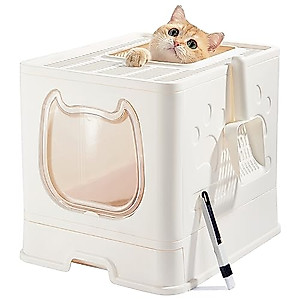 Vealind Cat Litter Box with Lid for Small and Medium Cats, Top Entry Kitten Litter Potty for Growing Cats, Drawer Type with Front Door Kitty Litter Tray (White)