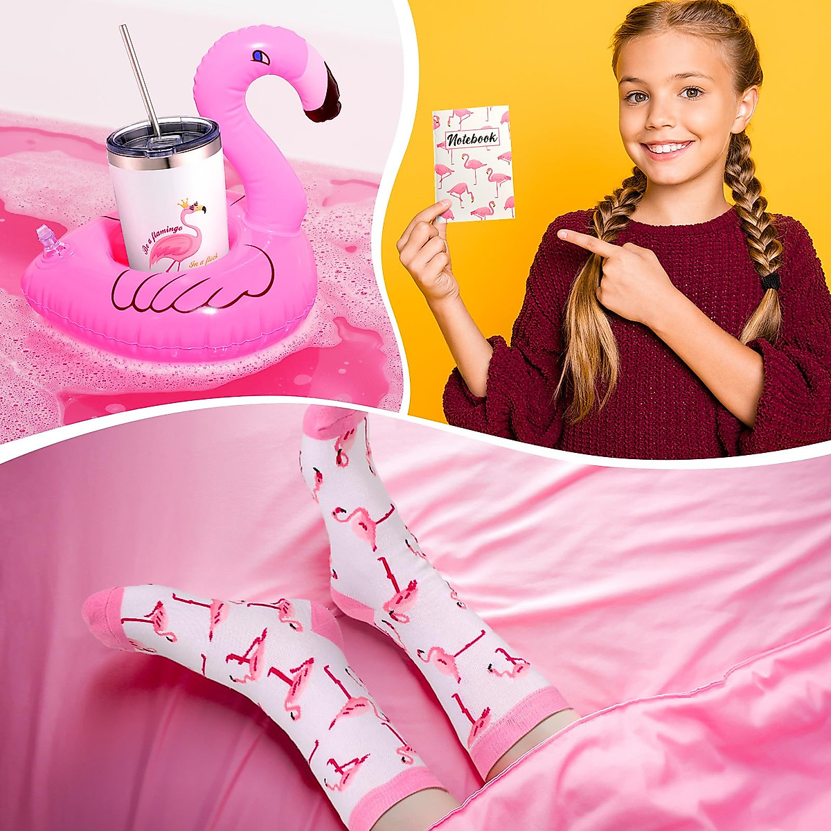 Panitay 6 Pcs Flamingo Gifts Set Pink Flamingo Socks Flamingo Stainless Steel Tumbler Notebook Pen Cosmetic Bag Keychain