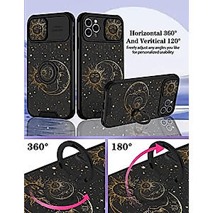 Goocrux (2in1 for iPhone 12 Pro Max Case Sun Moon Stars for Women Girls Cute Space Phone Cover Fashion Golden Star Print Design with Slide Camera Cover+Ring Holder Cases for iPhone 12 ProMax 6.7''