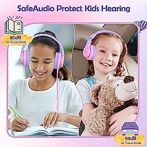 Candy Bila Kids Headphones, Wired Headphones for Kids with Microphone, 85/94dB Volume Limiter Headphones for Girls Boys with Sharing Jack, Foldable Headphones for Online Study, Gradient Red