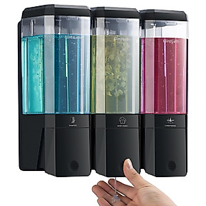 GlintGath Shower Dispenser 3 Chamber No Drill Wall Mounted Shampoo Conditioner Body Wash Dispenser, Large Capacity 1500ML, Black