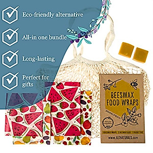 Beeswax Wrap Kit: Reusable Food Grade Beeswax Wraps for Food, Snacks, Sandwich, Eco Friendly Kitchen Storage - Includes 2 Wraps, 2 Beeswax Bars and Reusable Cotton Mesh Market Bag - Cute Fruit Themes