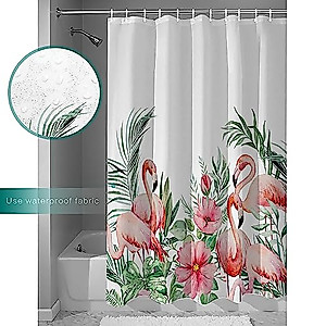 Polyester Fabric Red Pink Flamingo Shower Curtain, Tropical Plants Summer Botancial Palm Leaves, Waterproof Bathtub Curtain Bathroom Decor Set with Hooks 72 x 72 Inches,