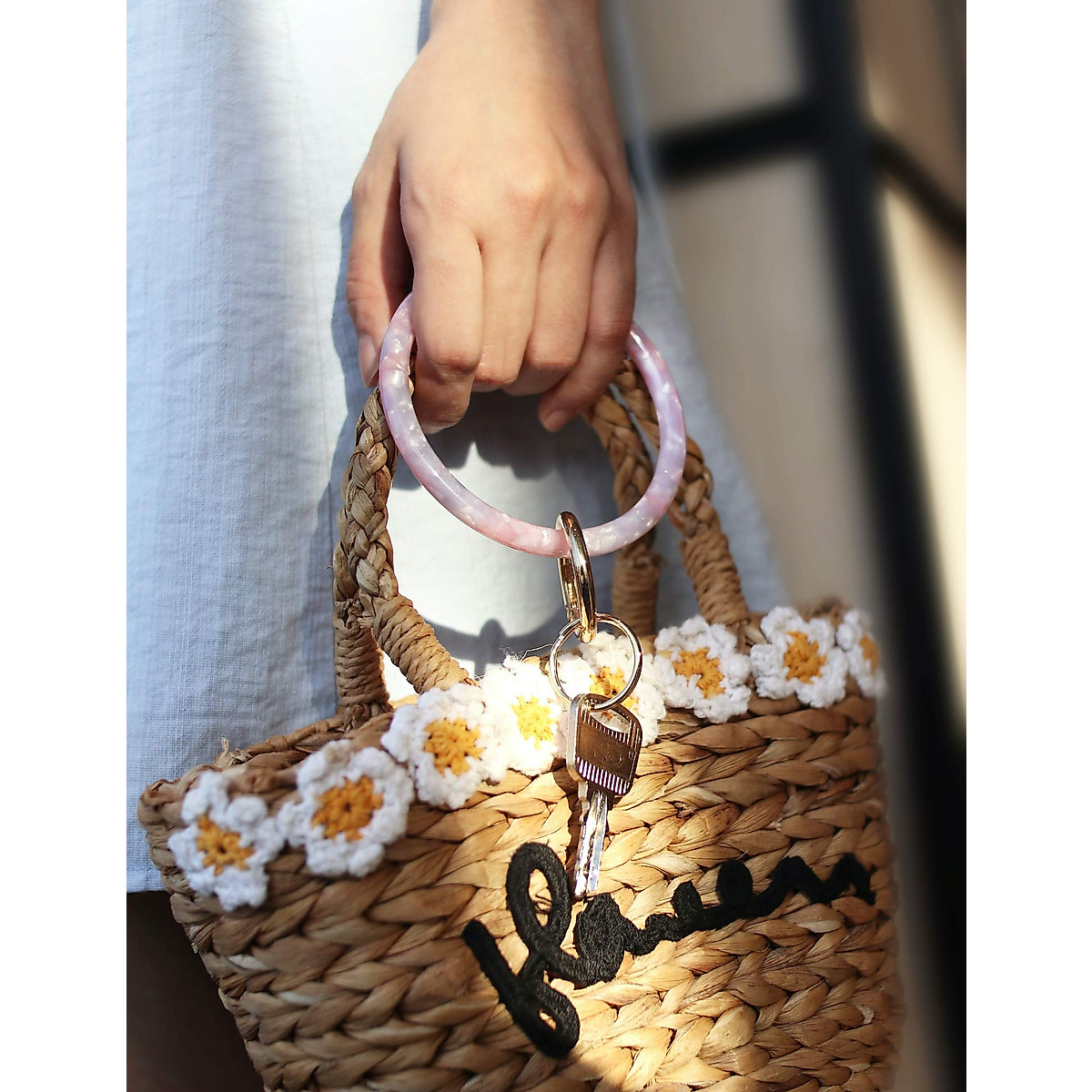 Heesch Bangle Key Ring Bracelet Keychain Key Ring Bracelet for Women, Acetate Circle Keyring for Wrist (Pink & Blue)