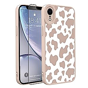 OOK Compatible with iPhone XR Case Cute Cow Print Fashion Slim Lightweight Camera Protective Soft Flexible TPU Rubber for iPhone XR with [Screen Protector]-Pink