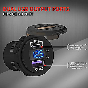 DaierTek 12V USB C Car Charger Socket, 12V USB Outlet, 48W PD Type C & QC 3.0 12 Volt Dual USB Charging Port Waterproof with Voltmeter & ON/Off Switch for Car Marine Boat Golf Cart -3Pack