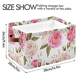 susiyo Large Foldable Storage Bin, Floral Pink Roses Fabric Storage Baskets Collapsible Decorative Baskets Organizing Basket Bin with PU Handles for Shelves Home Closet Bedroom Living Room-2Pack