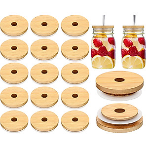 70mm Bamboo Jar Lids with Straw Hole for Glass Cups Reusable Wooden Mason Jar Lids Bulk for Beer Can Cups, 2.76 Inch Canning Lids with Silicone Ring for Regular Mouth Drinking Jars(20 Pieces)