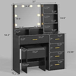 AOGLLATI Makeup Vanity Set with Lights, Vanity Desk with Mirror and Lights, Black Vanity Table with Cushioned Stool, Makeup Desk with Charging Station, Visible Drawers, Open Storage Shelves