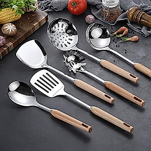 6 Pcs Stainless Steel Kitchen Utensil Wood Handle Cooking Tools Set Ladle Spoon for Restaurant Kitchenware Set