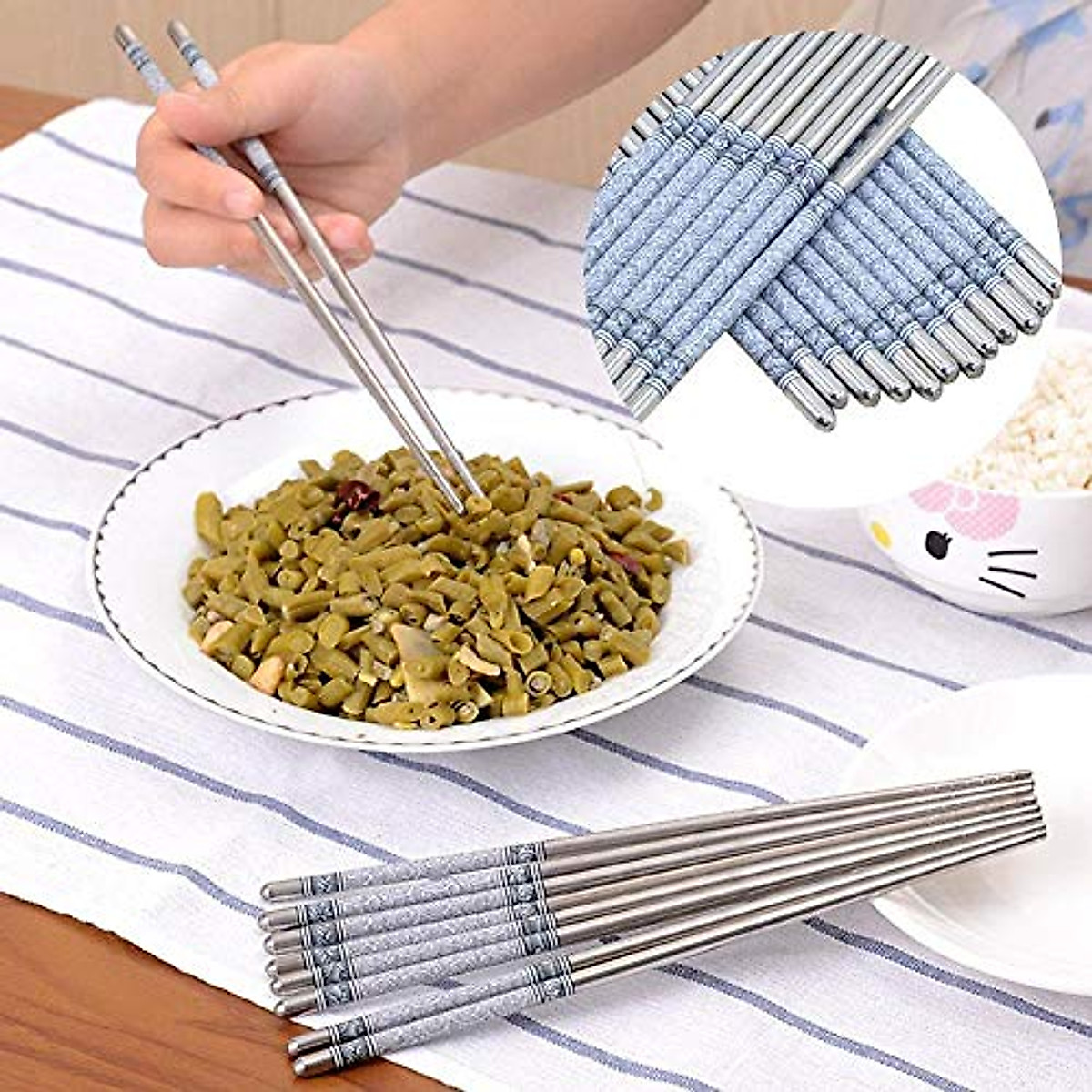 Madames Stainless Steel Chopsticks Kitchen Blue and White Porcelain Printed Chopsticks Reusable Flat Long Handle Chopstick for Home, Kitchen or Restaurant