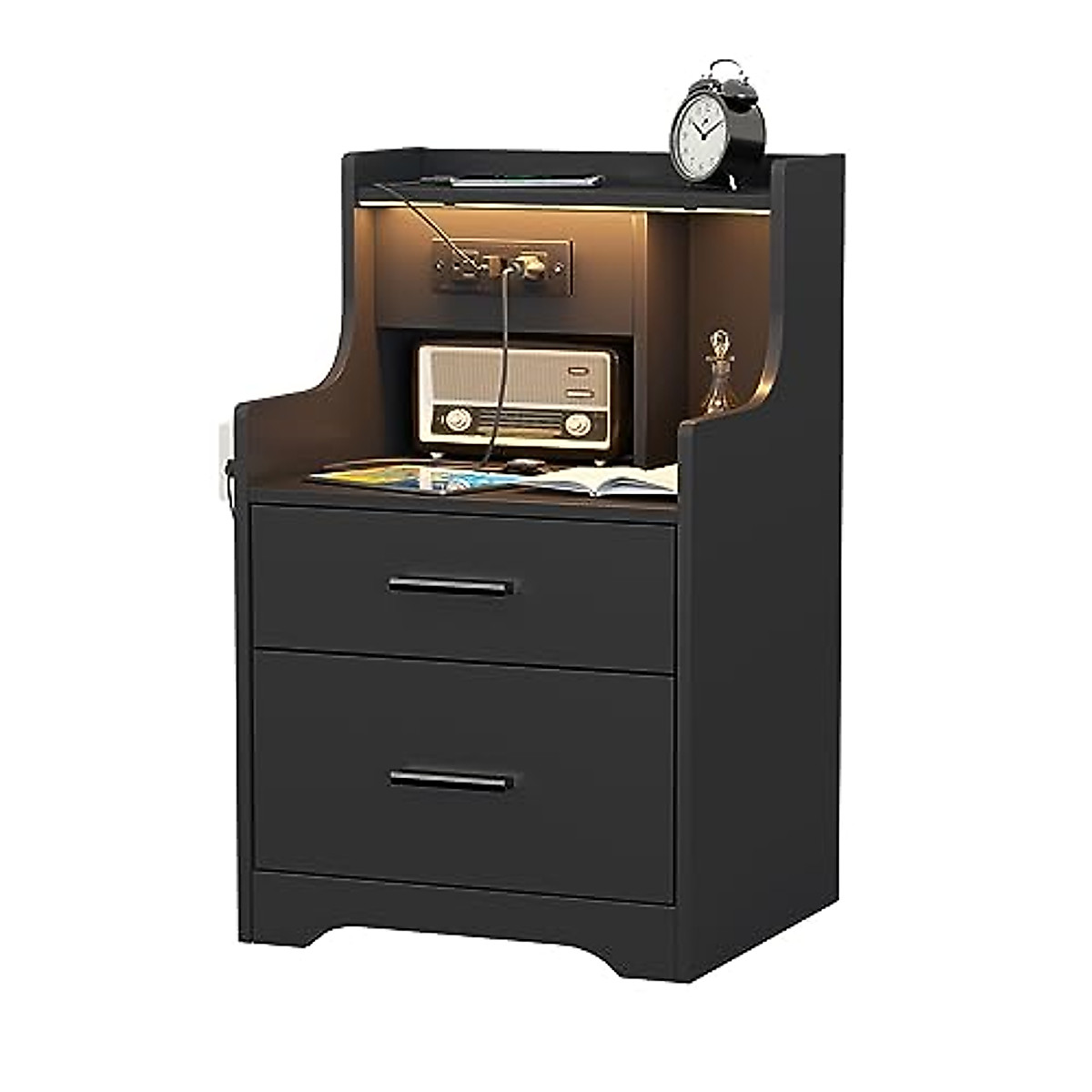 Vabches Nightstand with Charging Station & LED Lights, Black Nightstand with 2 Drawers and Open Storage, Bed Side Table Night Stand for Kids Bedroom Living Room,Small Bedside Table for Toddlers