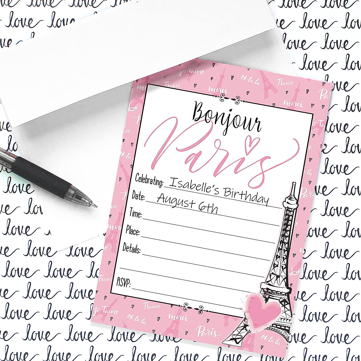 DISTINCTIVS Pink Paris Birthday Party Invitations - French Parisian Party Theme - 10 Cards with Envelopes