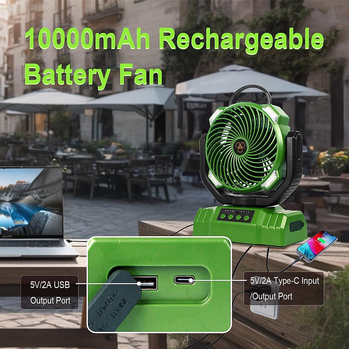 Camping Fan with LED Lantern, 10000mAh Battery Rechargeable Operated Fan, Portable Tent Fan with Hanging Hook, Remote, Oscillating, Timer, Personal Fan for Tent Car RV Hurricane Emergency (Green)