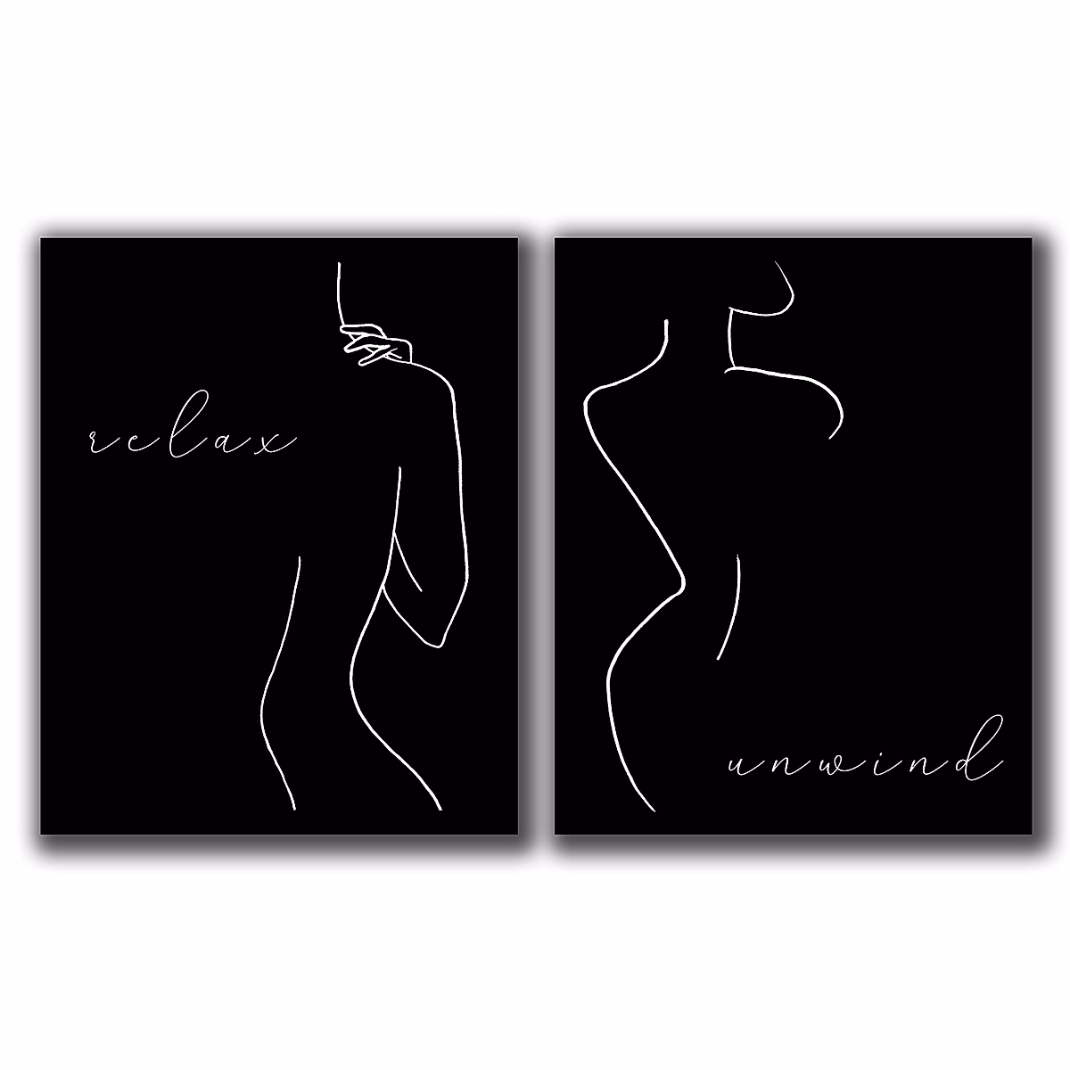 Abstract Minimalist "Relax, Unwind" Black Wall Decor - Set of 2-8"x10" UNFRAMED Prints - Modern, Minimal, Black And White Line Art - Female Figure Silhouette - Bathroom Wall Decor