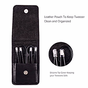 FIXBODY Tweezers Set 5-Piece - Professional Stainless Steel Tweezers with Curved Scissors, Best Precision Tweezer for Eyebrows, Splinter & Ingrown Hair Removal with Leather Travel Case
