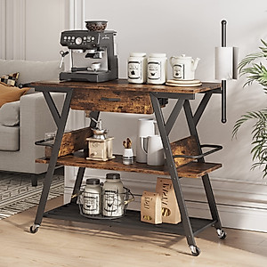 Bestier Coffee Bar Station, Kitchen Island Cart with Storage, Coffee Cart with Drawer, Paper Towel Holder and Lockable Wheels, Bar Table for Dinning Room Living Room, Rustic