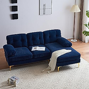 Eafurn Button Tufted Velvet Sectional, L-Shape Corner Extra Wide Chaise Lounge and Arm-Pillows, Right Hand Facing Comfy Sofa & Couches for Living Room,Up to 3 Seating Capacity, Blue 83"