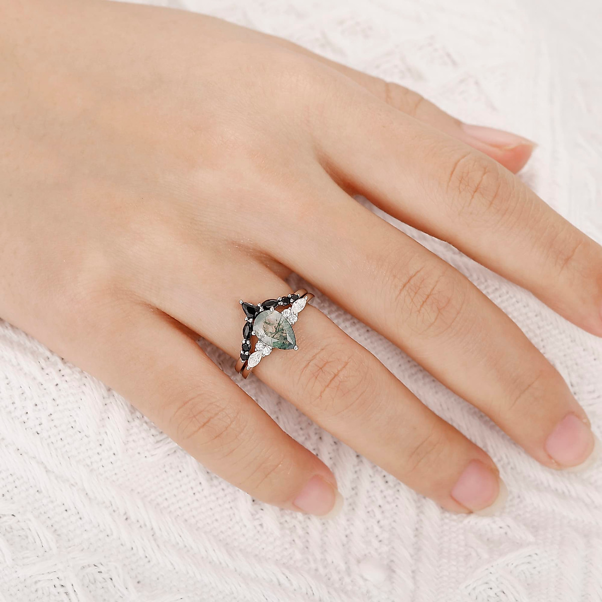 IRROYA 1.50 Carat Pear Cut Natural Moss Agate Wedding Rings Sets,Genuine Moissanite Engagement Ring,Black Spinel Eternity V Shaped Wedding Band, Sterling Silver Platinum, moss agate