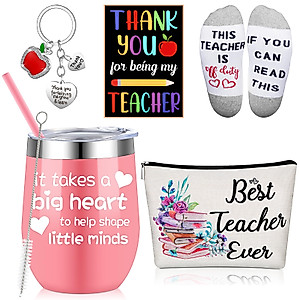 Newtay Teacher Appreciation Gifts Thank You Teacher Gifts Basket,12 oz Wine Tumbler Best Teacher Makeup Pouch Bag Keychains Teacher Socks for Teacher Appreciation Supplies (Big Heart)
