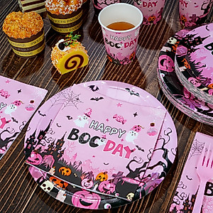 Halloween Happy Boo Day Bayby Shower Party Decorations,Pink Orange Ghost Pumpkin Disposable Paper Plates Napkins Cups Knives Spoons Fork for Girl Halloween Birthday Baby Shower Party Supplies,Serve 50