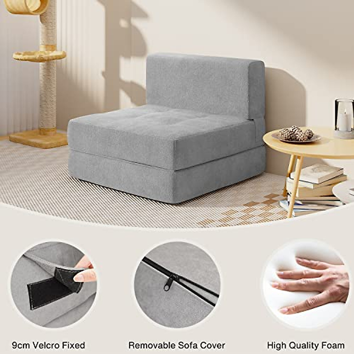 Aiho Folding Sleeper Sofa Chair Bed, Memory Foam Floor Couch , Modern Linen Fabric Removable Cover, for Living Room/Apartment/Dorm/Loft (Light Grey)