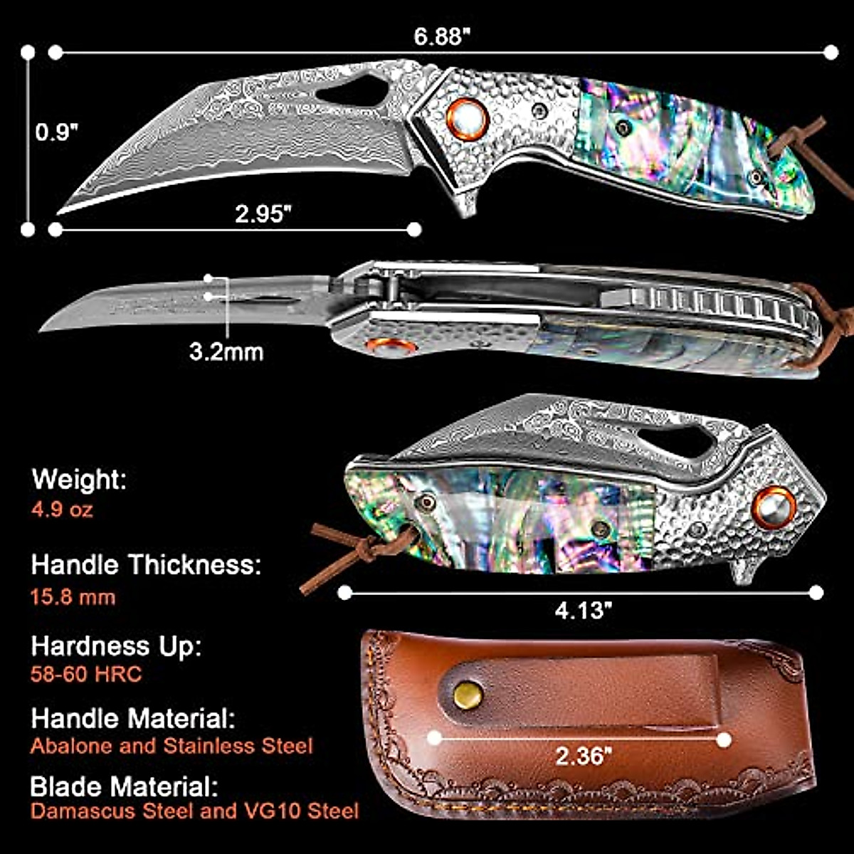 KOMWERO Damascus Pocket Knife for Men, VG10 Core Damascus Steel Folding Knife with Ball Bearing, Liner Lock, Abalone Shells Handle, Leather Sheath, Sharp EDC Knife for Gift Collection