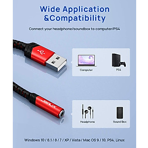 JSAUX USB to 3.5mm Jack Audio Adapter，USB to Audio Jack Adapter Headset，USB-A to 3.5mm TRRS 4-Pole Female, External Stereo Sound Card for Headphone, Mac, PS4, PC, Laptop, Desktops and More -Grey/0.6FT