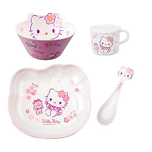 Hello Kitty Bear Sakura Cute Pink Dinnerware Flatware Meal Set – Plate Bowl Cup Spoon, 4 pieces