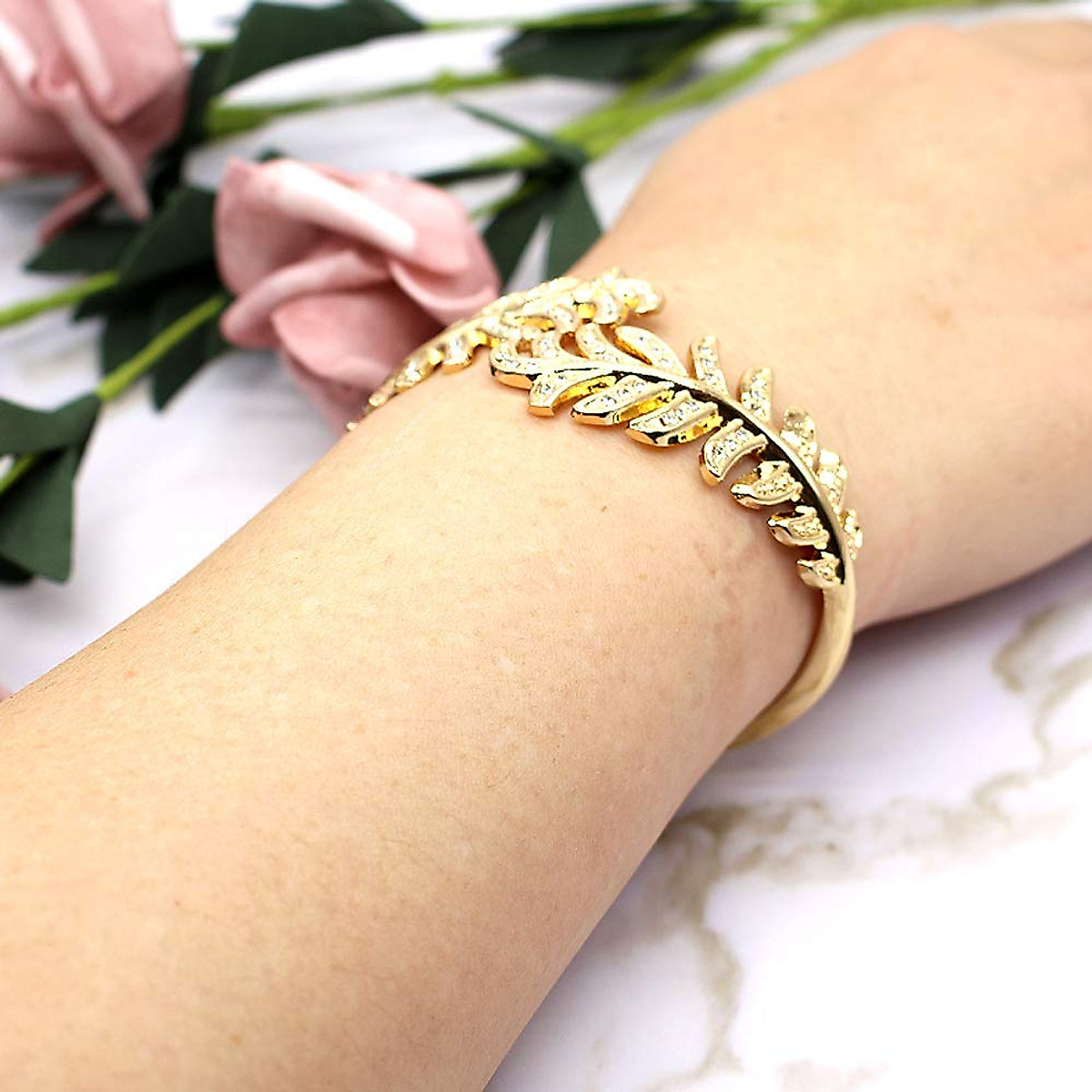 Sparkly Rhinestone Leaf Hinge Bangle Bridal Wedding Statement Bracelet Crystal Adjustable Cuff Bracelets Gold Platinum Tone Women Lover Gifts