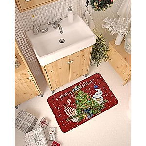 Merry Christmas Kitchen Mat Rug Set of 2 Gnome and Xmas Tree Red Background Runner Rug Anti-Fatigue Comfort Memory Foam Standing Mat Non-Slip Floor Door Mat for Bathroom Bedroom 18x30in+18x60in