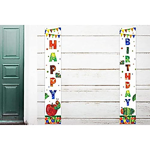 Cartoon Very Hungry Little Green Caterpillar Happy Birthday Banner Background Insects Theme Decor Door Porch Decorations for Girls Boys Baby Shower 1st Birthday Party Supplies Favors Backdrop Gift