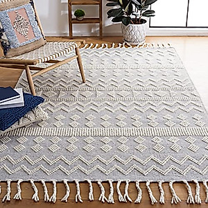 SAFAVIEH Natura Collection Accent Rug - 4' x 6', Ivory & Light Blue, Handmade Moroccan Boho Rustic Braided Tassel Wool, Ideal for High Traffic Areas in Entryway, Living Room, Bedroom (NAT342A)