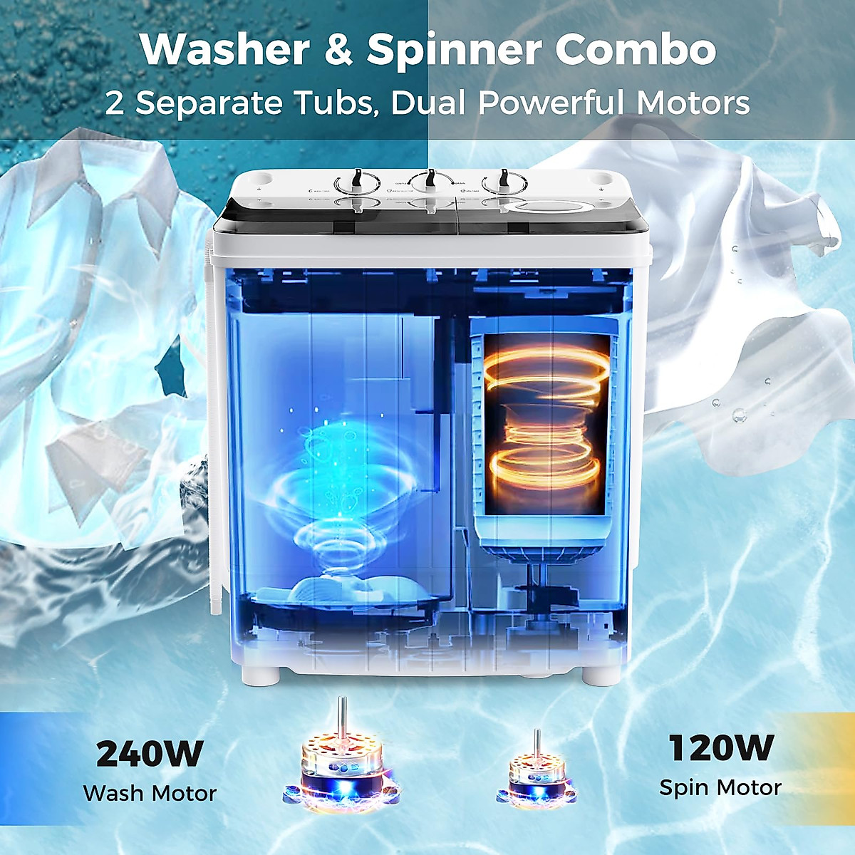 Giantex Portable Washing Machine, 17.6lbs Compact Washer Spinner Combo with Pump Drain, Twin Tub 11lbs Wash & 6.6lbs Spin, Lavadoras Portatiles for Apartment RV Dorm College (White & Black)