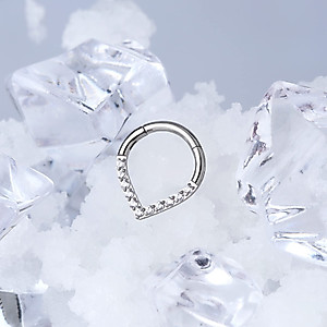 CM Crareesi Mania G23 Titanium Septum Rings Teardrop Titanium Cartilage Earring Hoop 8mm Titanium Daith Piercing Rings 16G Small Septum Jewelry Hoops Clear CZ Helix Piercing Jewelry