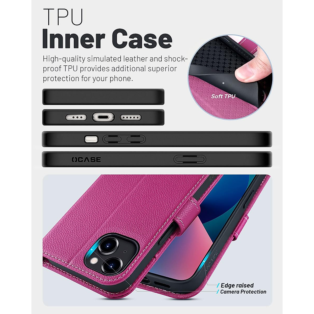 OCASE Compatible with iPhone 15 Plus Wallet Case, PU Leather Flip Folio Case with Card Holders RFID Blocking Kickstand [Shockproof TPU Inner Shell] Phone Cover 6.7 Inch 2023, Litchi Rose