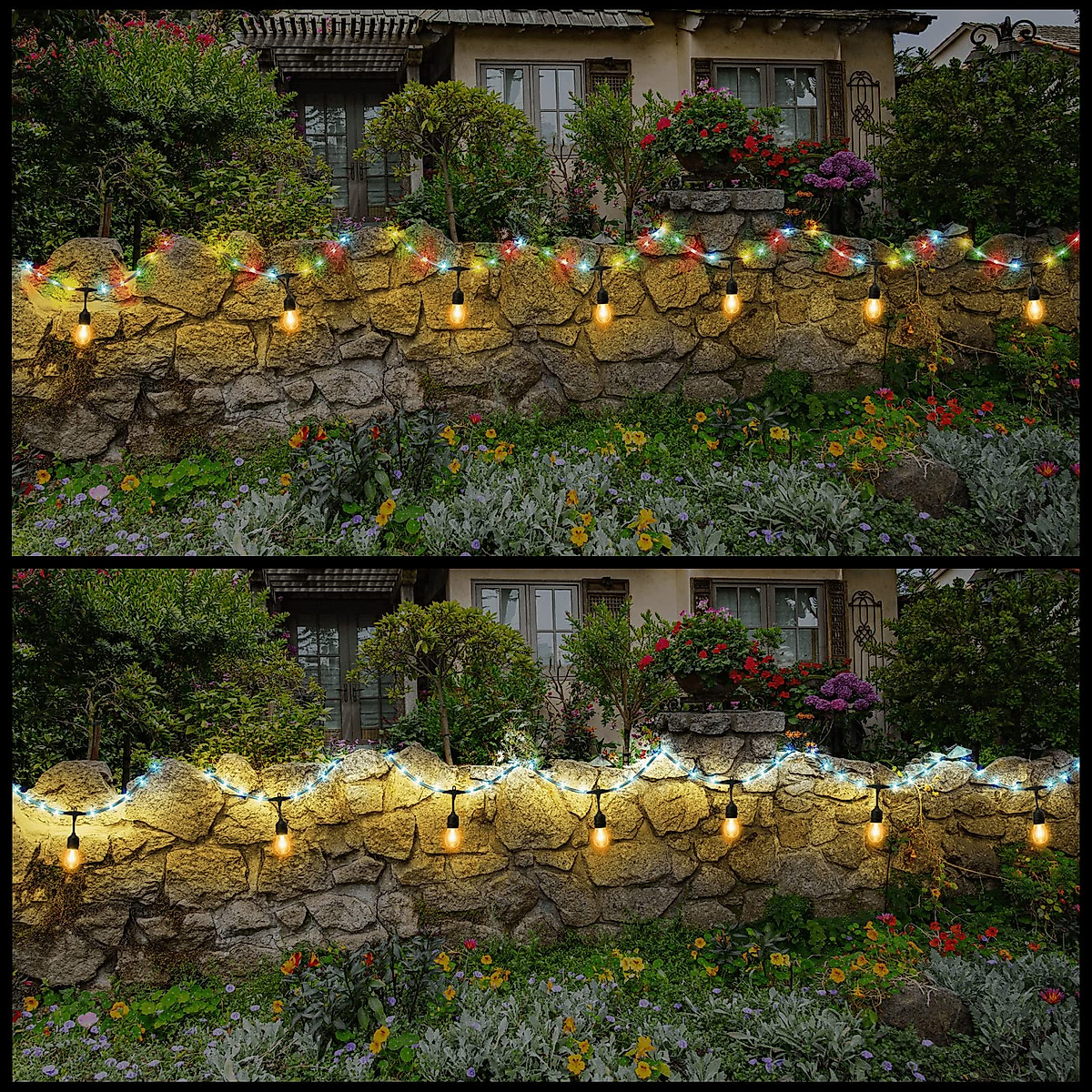 CLASShine 48ft RGB & White Outdoor String Lights Dimmable with Remote, Patio Lights Waterproof, Timer, 15 Hanging Sockets, 15+3 Edison LED Shatterproof Bulbs, Deck Porch Fence Decoration