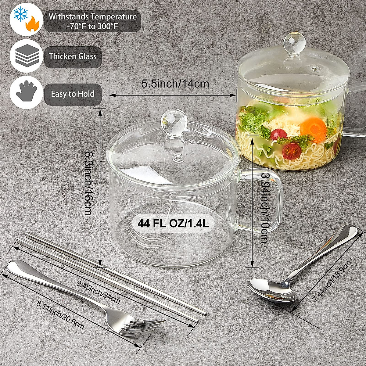 44 FL OZ/ 1.4 L Glass Soup Bowl with Lid and Handle, Chopsticks Spoons and Forks Set Silverware, Glass Pots for Cooking on Stove Simmer Pot Clear Ramen Bowl for Noodle Cereals Fruits, Microwave Safe