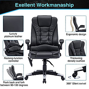 Ergonomic Executive Office Chair, Massage Office Chair with Heated, High Back Leather Desk Chair with Lumbar Support and Flip-up Armrest, Comfortable Home Office Desk Chairs