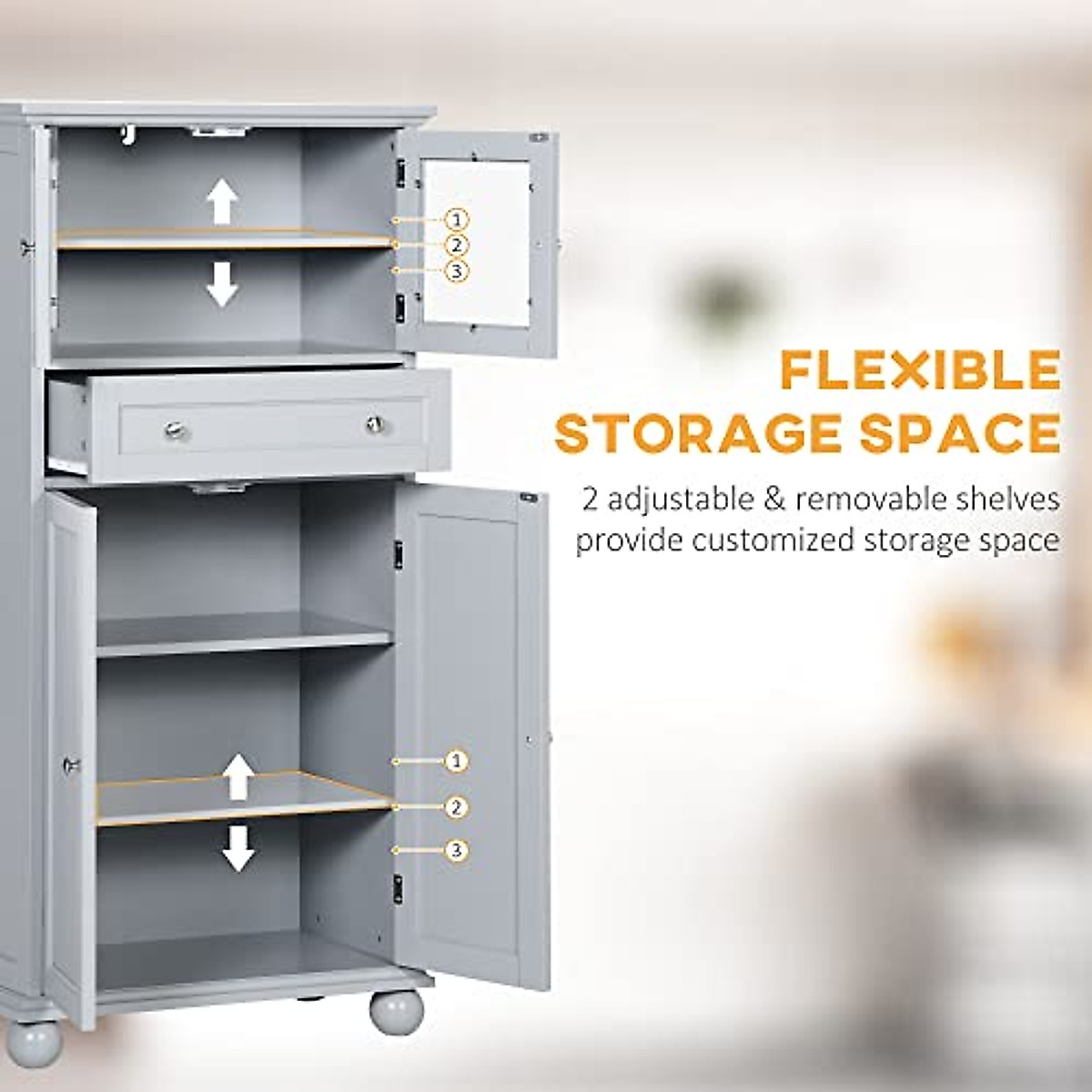 HOMCOM 52" Traditional Kitchen Pantry, Floor Storage Cabinet, Small Cupboard Organizer with Adjustable Shelves and 4-Doors for Dining Room, Living Room, Grey