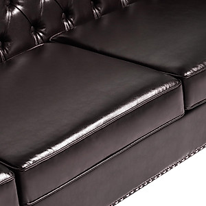 LEVNARY Chesterfield Chair Leather, Upholstered Sofa Chair with High Back, Mid-Century Modern Armchair with Solid Wood Legs, Single Couches for Living Room (Brown)