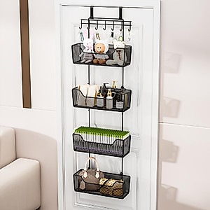 HapiRm Over The Door Organizer - Hanging Door Organizer with 4 Metal Large Capacity Baskets and Adjustable Coat Hook, Behind Door Storage for Bathroom Bedroom Kitchen Pantry Closet Cabinet